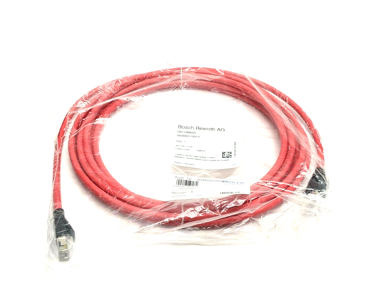 R911389205 | Bosch Rexroth Sercos III Bus Cable 4-Pin Straight RKB0021