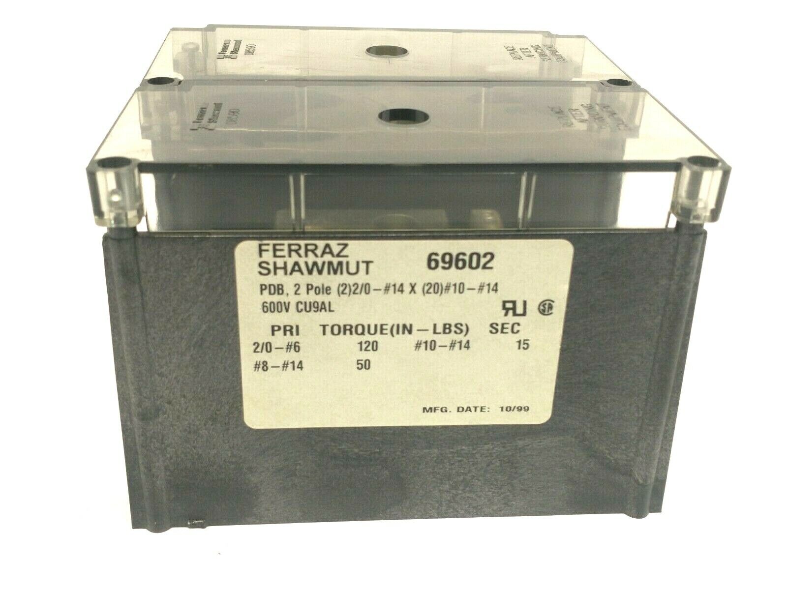 69602 | Ferraz Shawmut 69602 2-Pole Power Distribution Block w/ Front Cover 600VAC 350A