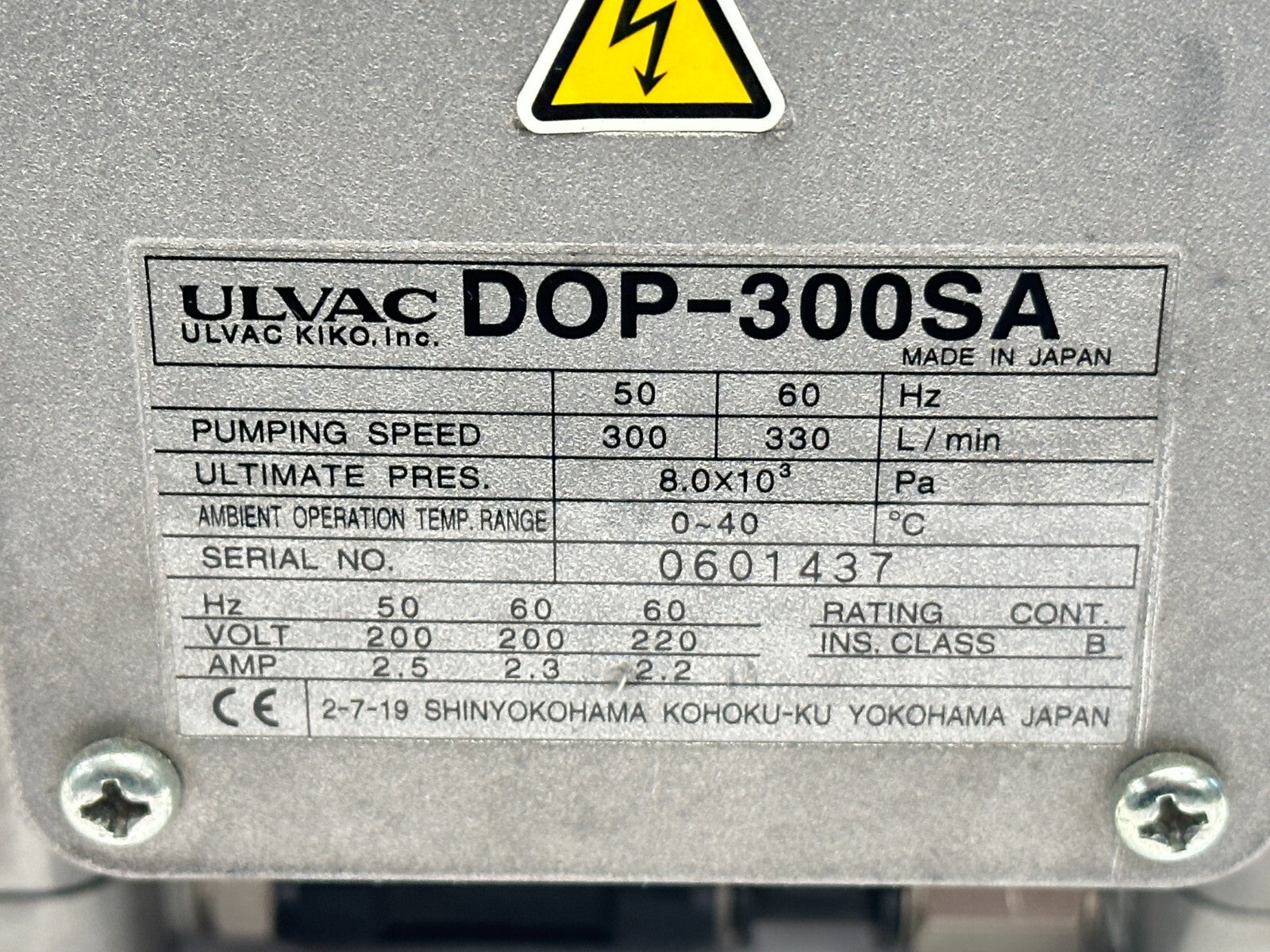 ULVAC DOP-300SA Dry Vacuum Pump 300-330L/min 2.5/2.2A 200/220V 3PH