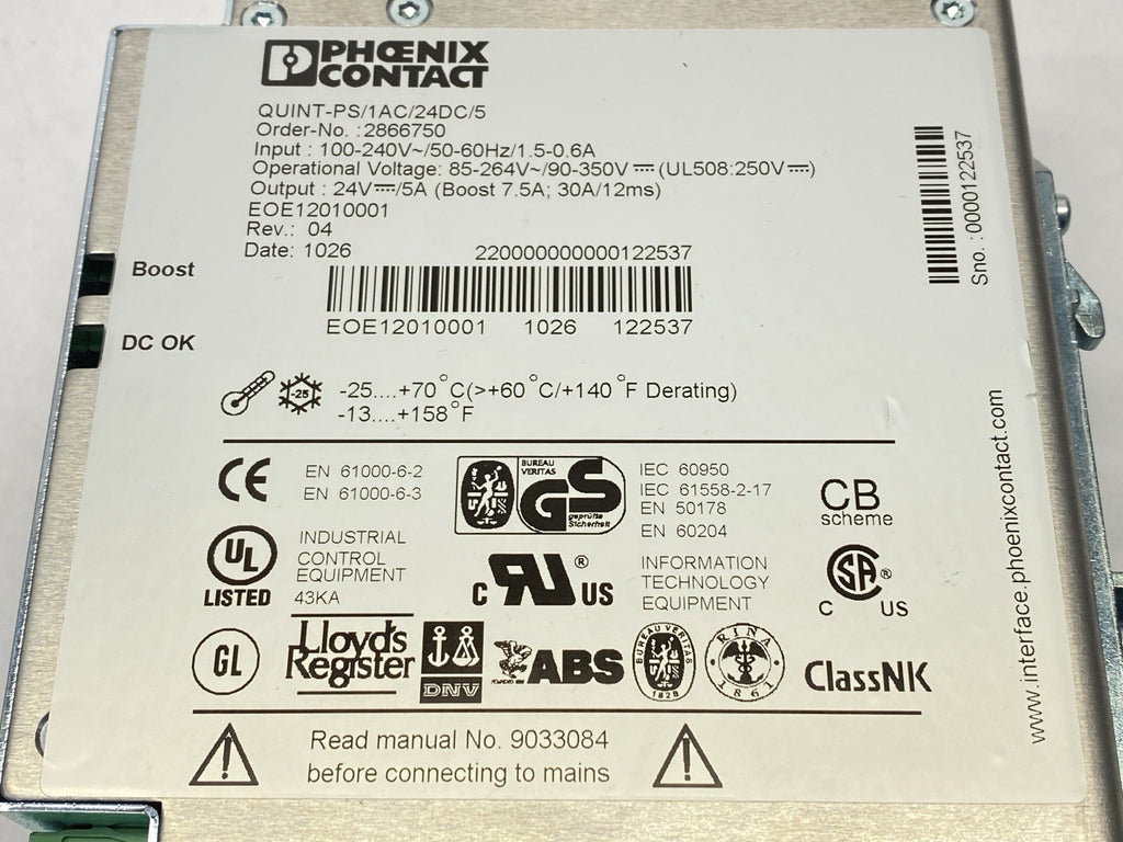 Phoenix Contact QUINT-PS/1AC/24DC/5 Primary Switched Power Supply 2866